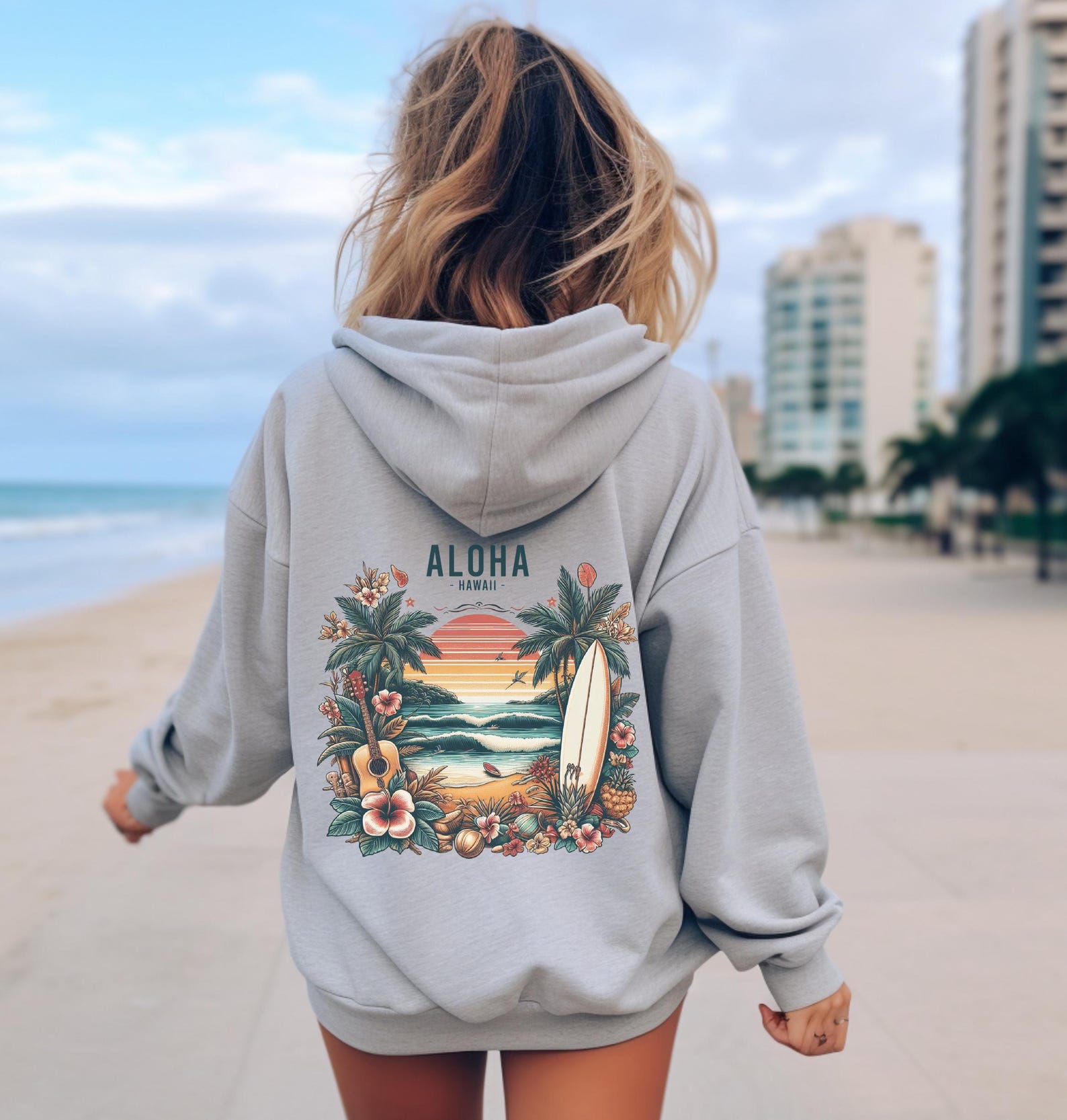 Aloha Hawaii Hoodie: Beachy Coastal Sweatshirt, Oversized Tropical ...