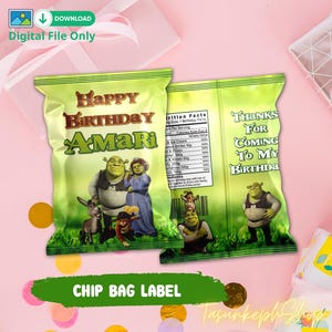 Shrek Birthday Party Printables Bundle, Custom Name Shrek Chip Bags ...