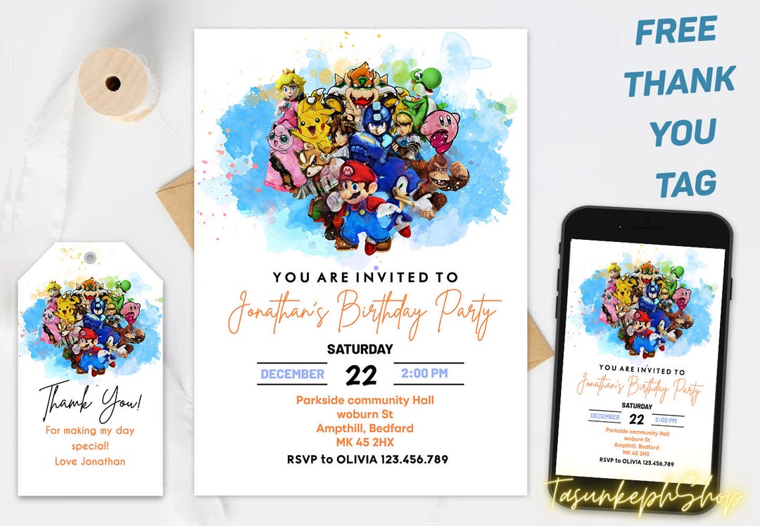Printable Personalized Super Smash Bros Invitation, Super Mario Video ...