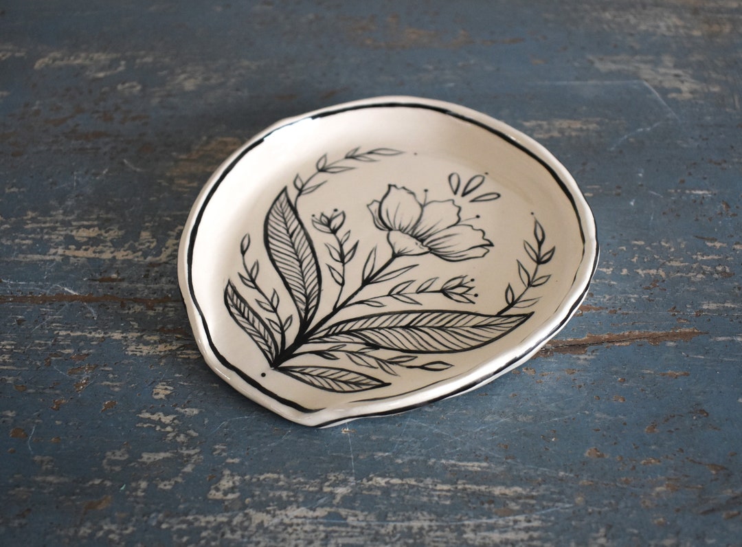 Ceramic Spoon Rest Black Flower Design Handmade Gift Clay Spoon Rest ...