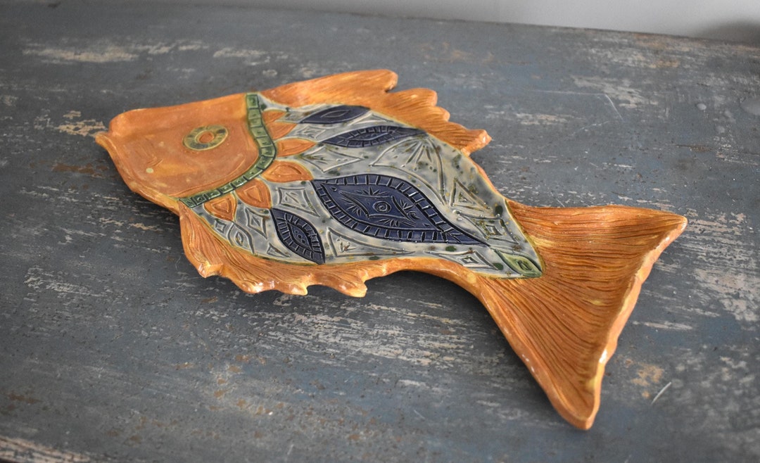 Ceramic Fish Plate Golden Sun and Blue Handmade Gifts - Etsy