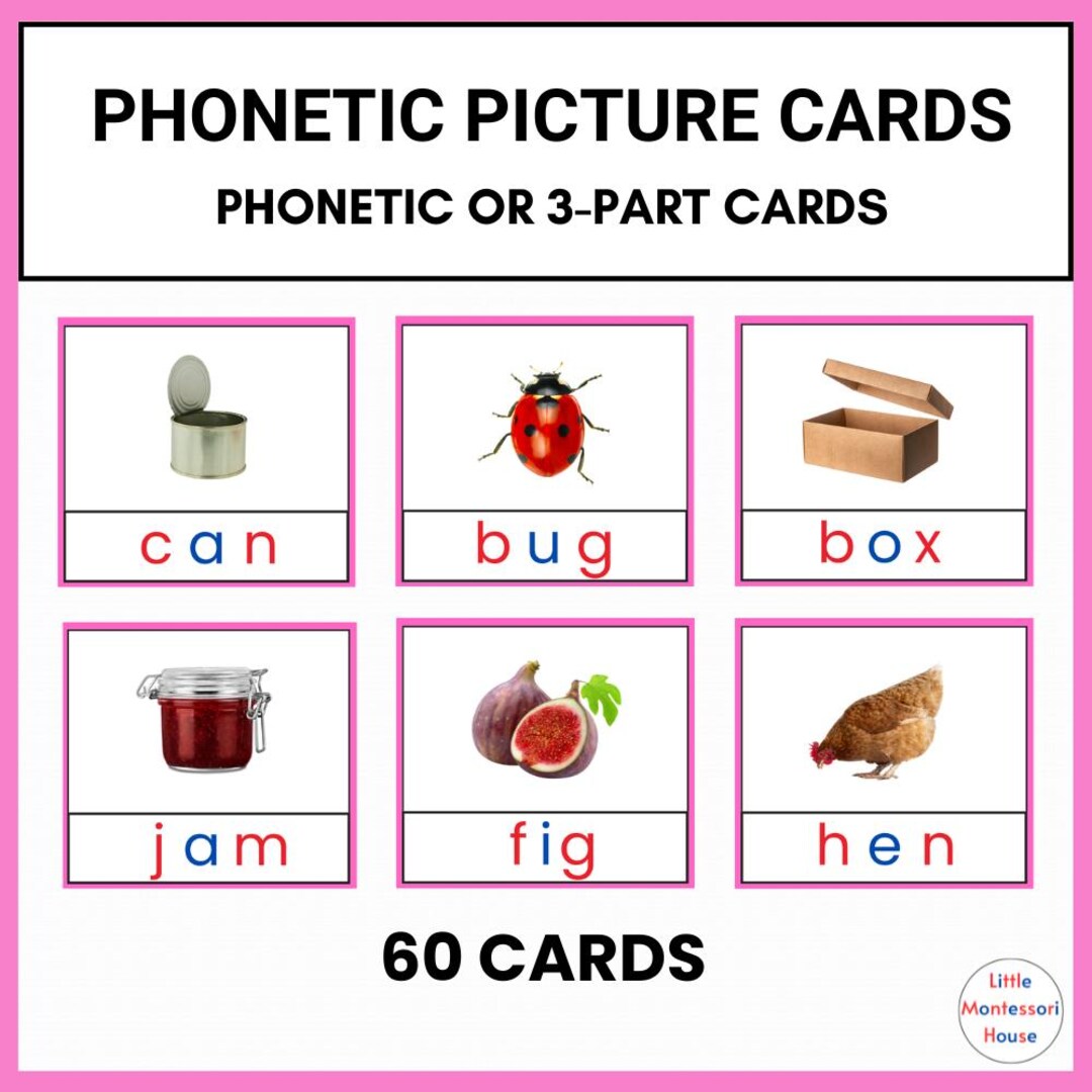 60 Montessori Phonetic Picture Cards or 3 Part Cards Pre-reading Skills ...