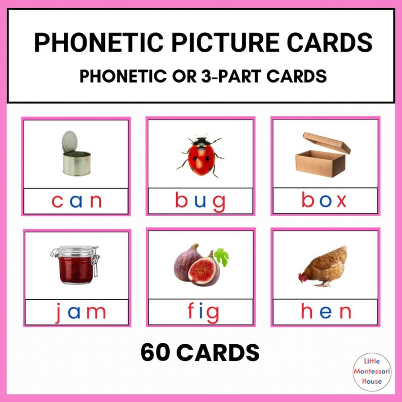 60 Montessori Phonetic Picture Cards or 3 Part Cards Pre-reading Skills ...
