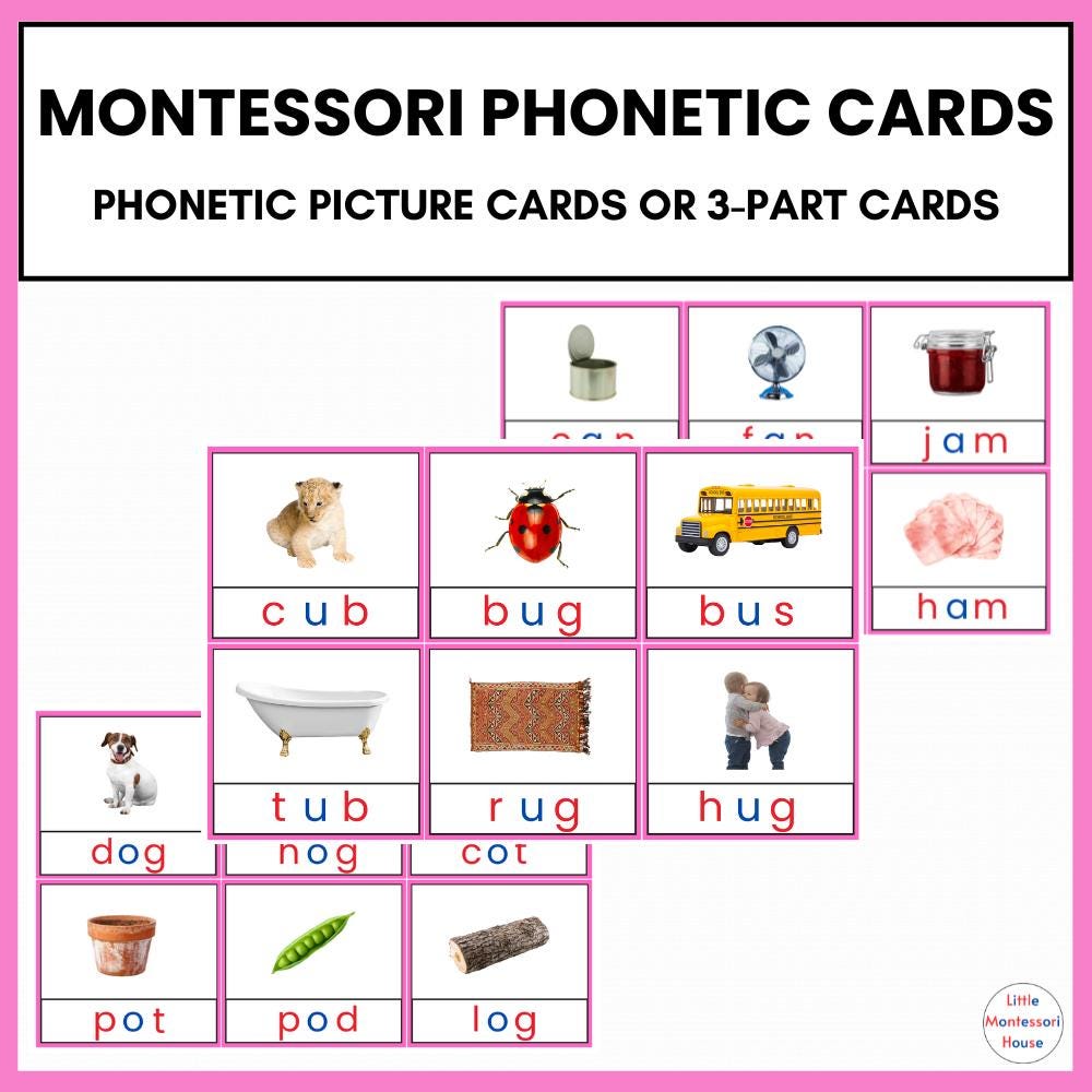 60 Montessori Phonetic Picture Cards or 3 Part Cards Pre-reading Skills ...