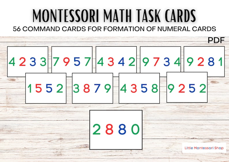 56 MONTESSORI MATH Formation of Numerals Task Cards Math Operations ...