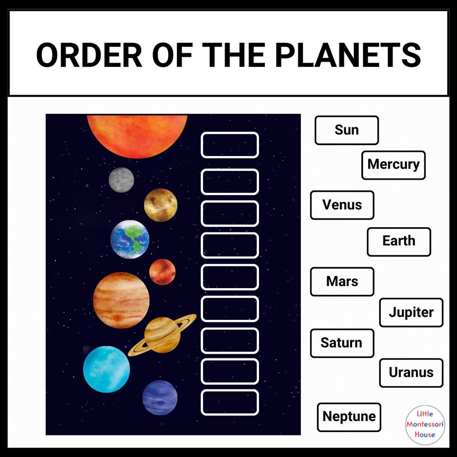 PLANETS ORDER Solar System Space Unit Printable Mat & Chart Montessori ...