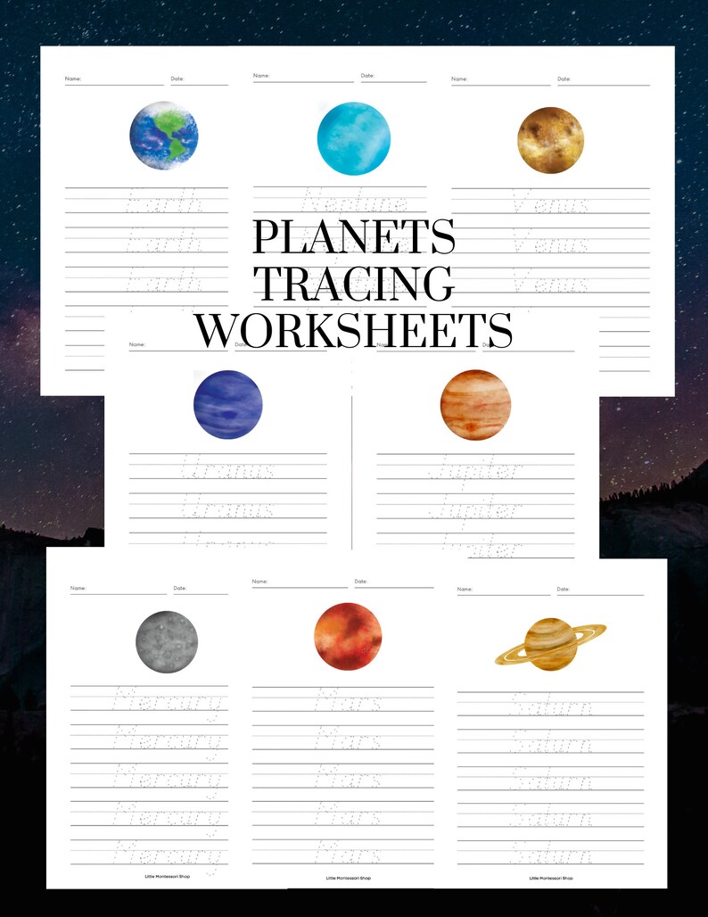 PLANETS TRACING Worksheets Solar System Writing Template Space Activity ...