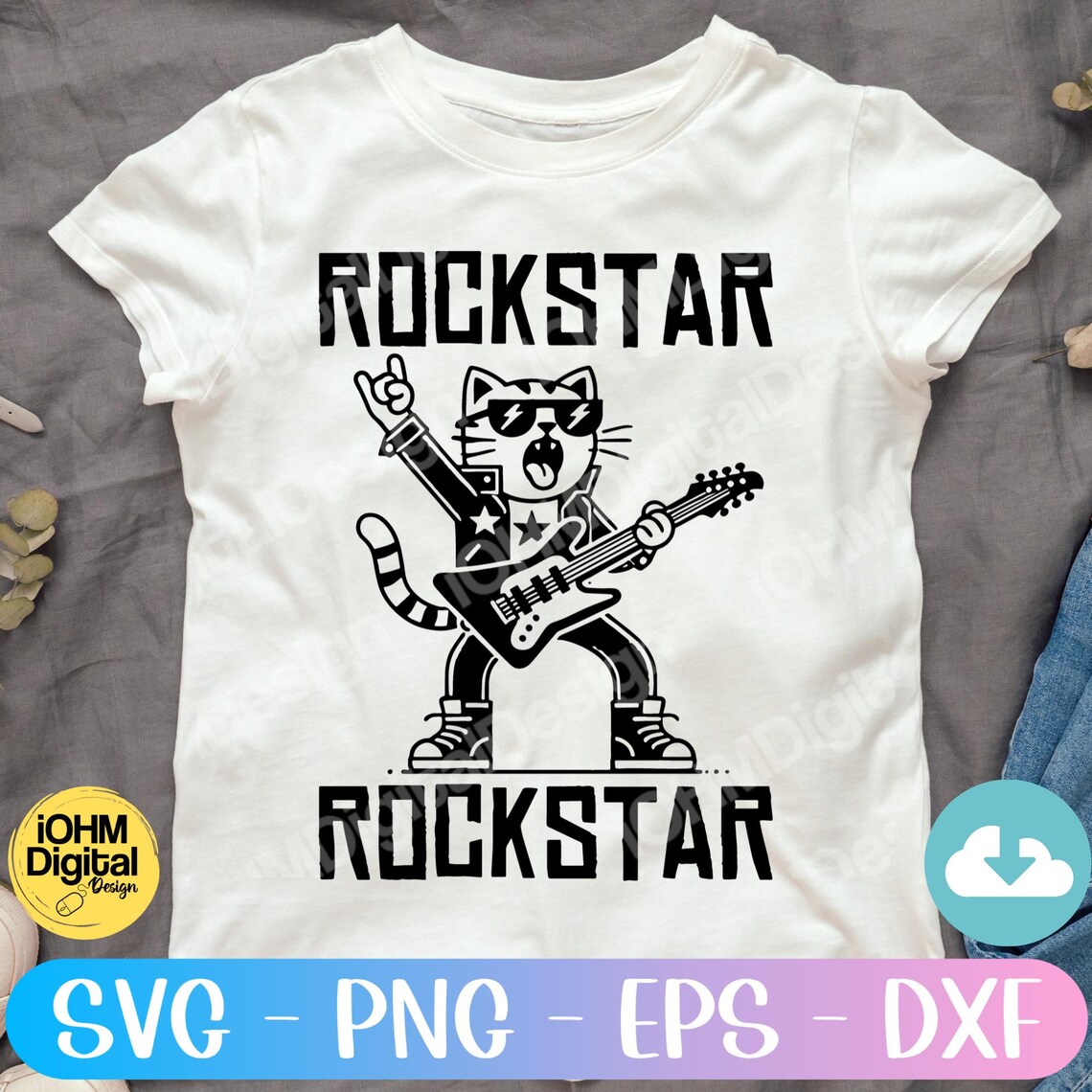 Rockstar Cat Guitar SVG | Rock and Roll Shirt Design (digital Download ...