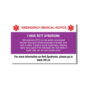 Emergency Medical Card Rett Syndrome Medic Alert Card, Rare Disease ...