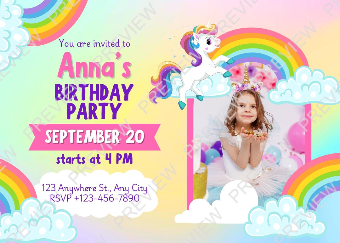 Editable Unicorn Birthday Invitation Canva Template | Rainbow Girl ...