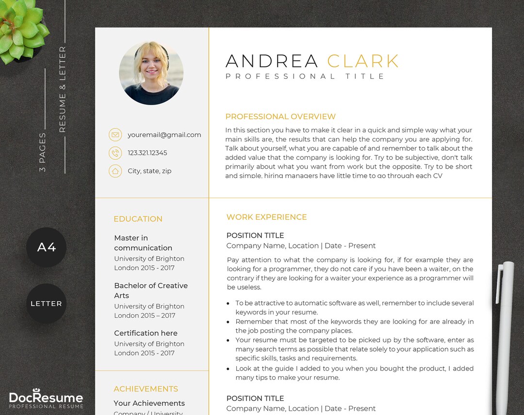 Resume Template With Photo, Professional Resume Template for Word ...