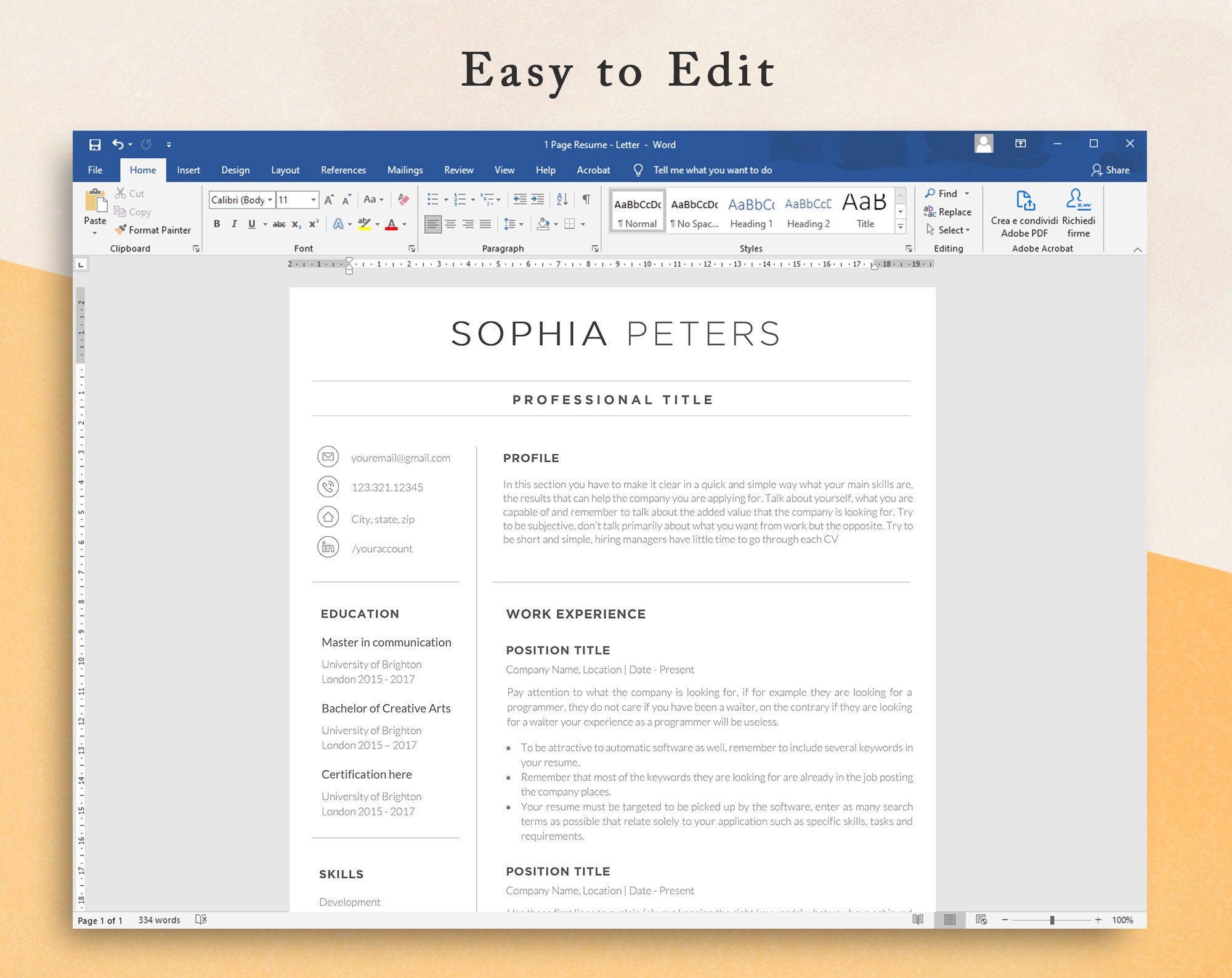 ATS Friendly Resume Template for Microsoft Word Cover Letter and ...