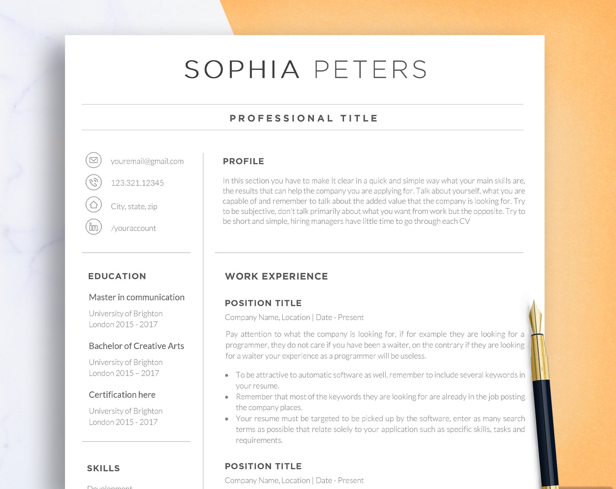 ATS Friendly Resume Template for Microsoft Word Cover Letter and ...