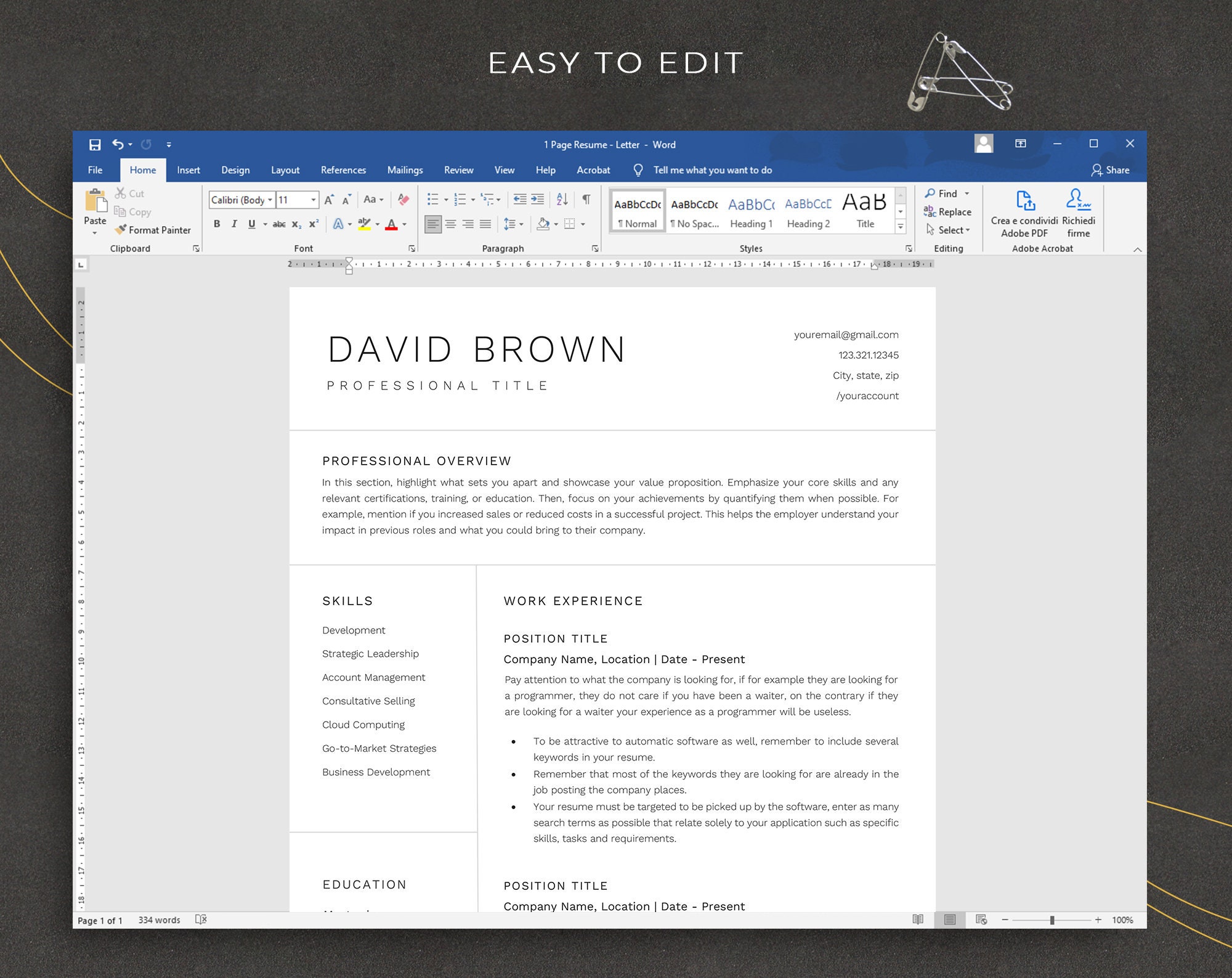 New Clean Resume Template for Google Docs & Word • Minimalist Executive ...