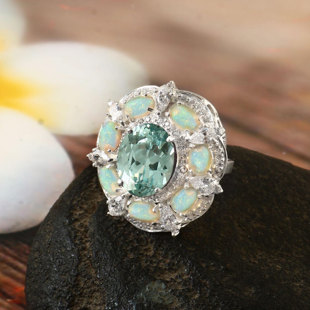 Fantastic Ceylon Green Spinel Oval Cut Gemstone Ring With Side Opals –925 Sterling Silver Ring ...