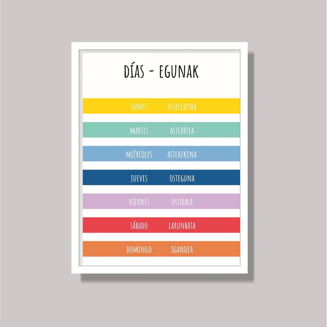 English Basque bilingual days of the week wall poster | Etsy