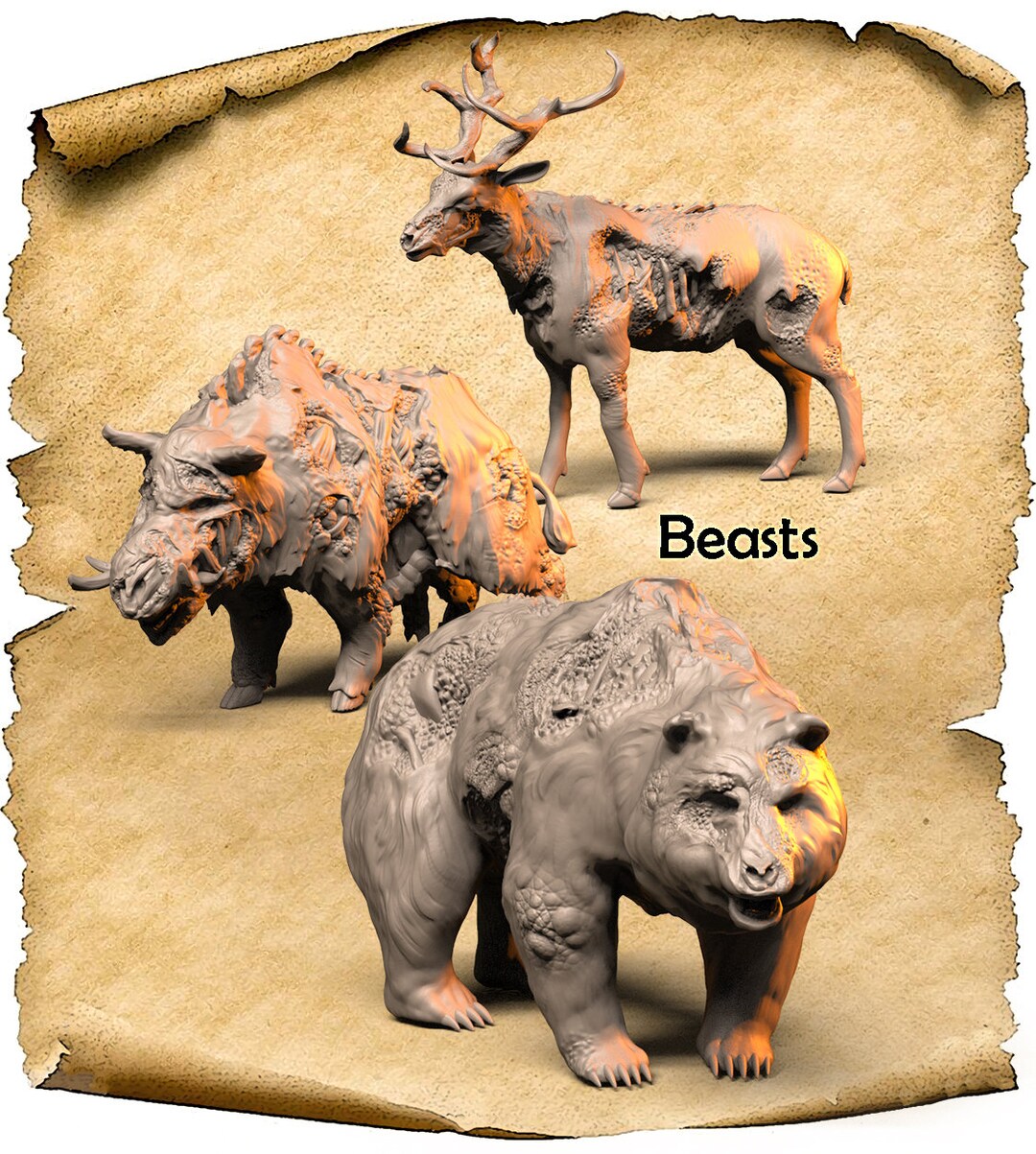 Undead Beasts Deer / Hog/ Bear 3pc 40mm Bone Manuscript Unpainted ...