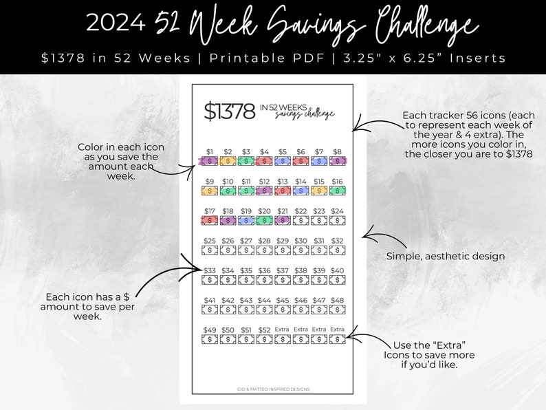 52 Week Savings Challenge 1378 in 52 Weeks Savings Tracker Printable ...