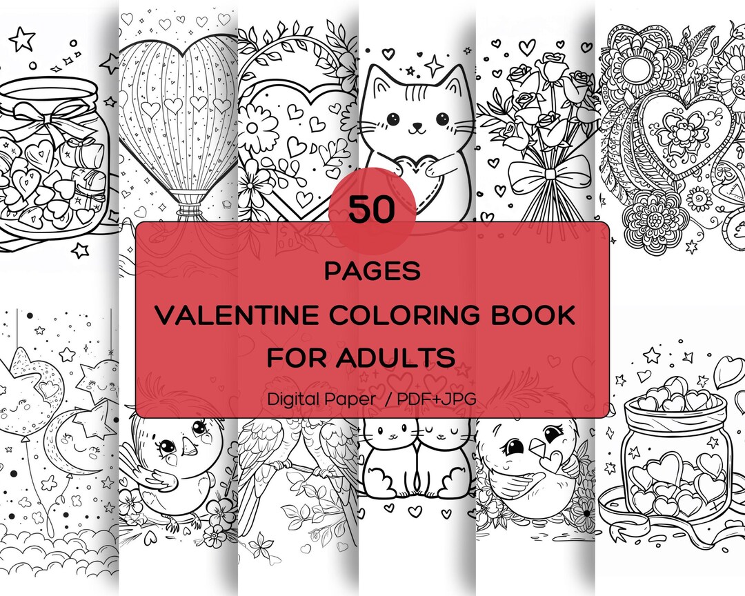 Valentine’s Day Coloring Book Pages for Kids and Adults Romantic Cute ...