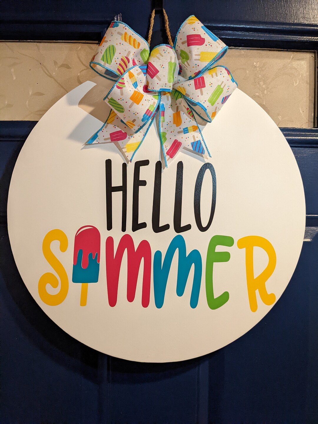Hello Summer Wood Door Hanger , Summer Wreath, Round Wooden Door Hanger ...