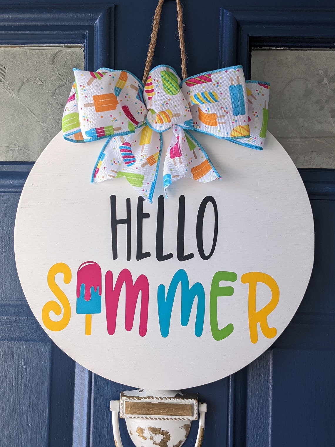 Hello Summer Wood Door Hanger Summer Wreath Round Wooden - Etsy