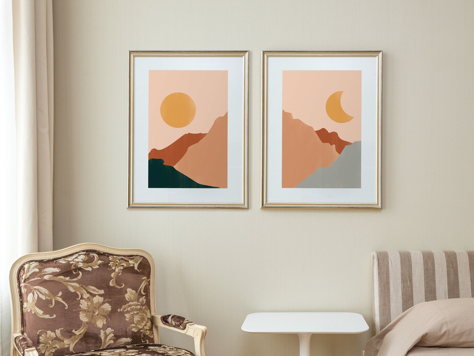 2 Piece Wall Art Abstract Sun and Moon Art Mid Century - Etsy