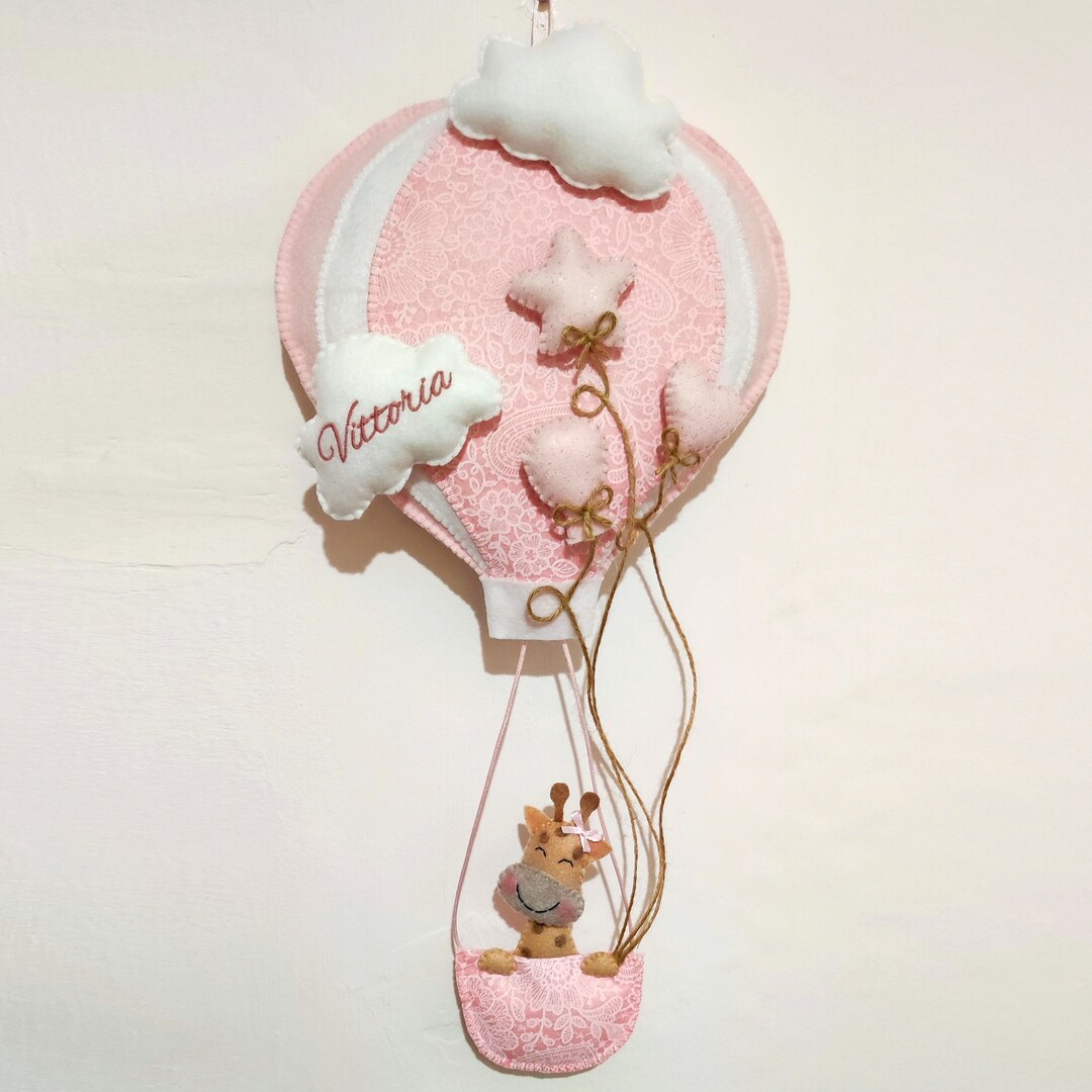 Fiocco nascita mongolfiera con giraffa palloncini cuori nuvolette ...