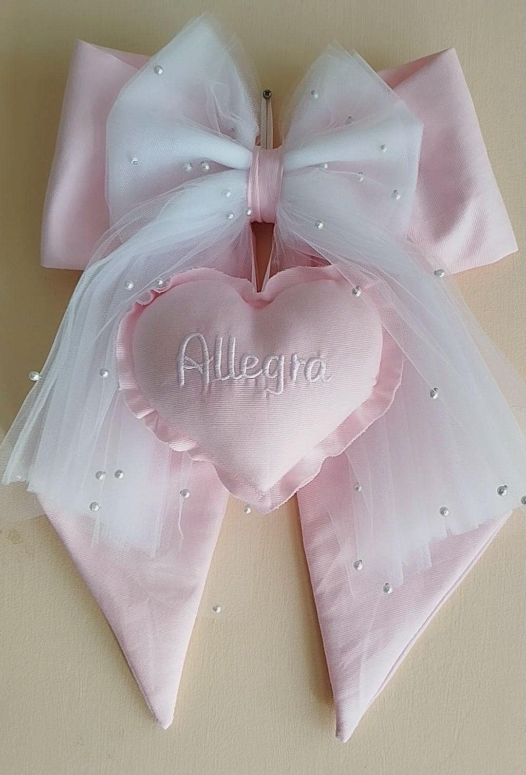 Fiocco nascita tulle con perle panna bianco e tessuto rosa azzurro con ...