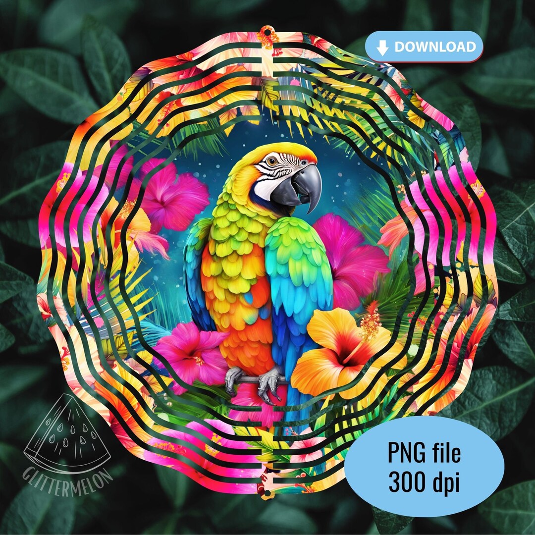 Parrot Wind Spinner Sublimation Design PNG Parrot Hibiscus Floral Wind ...