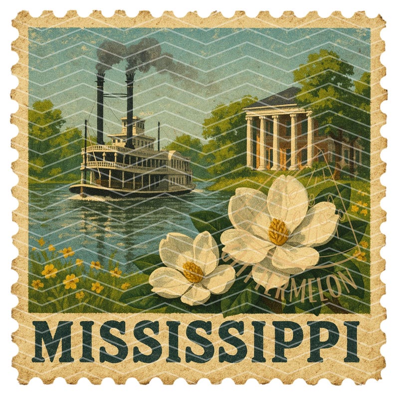 Mississippi Stamp Art PNG, Vintage Riverboat Design (digital Download ...