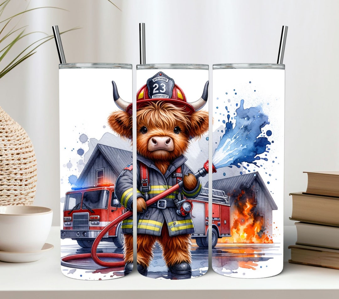 Highland Cow Firefighter Tumbler Wrap Sublimation PNG Fireman Tumbler ...