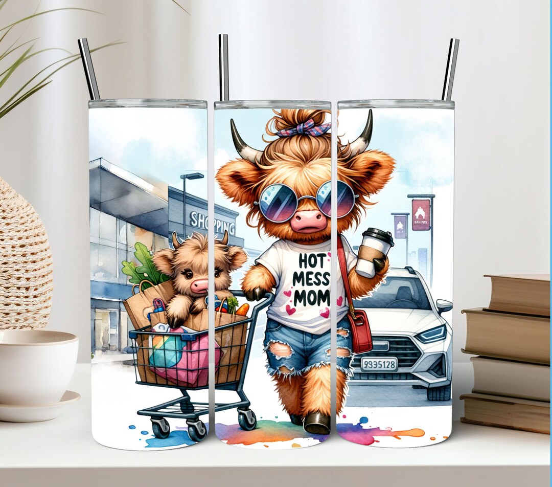 Hot Mess Mom Highland Cow Tumbler Wrap, Funny Mom Gift (PNG Digital ...