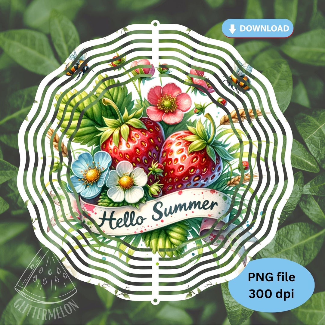 Hello Summer Wind Spinner Sublimation Design PNG Floral Strawberry Wind ...