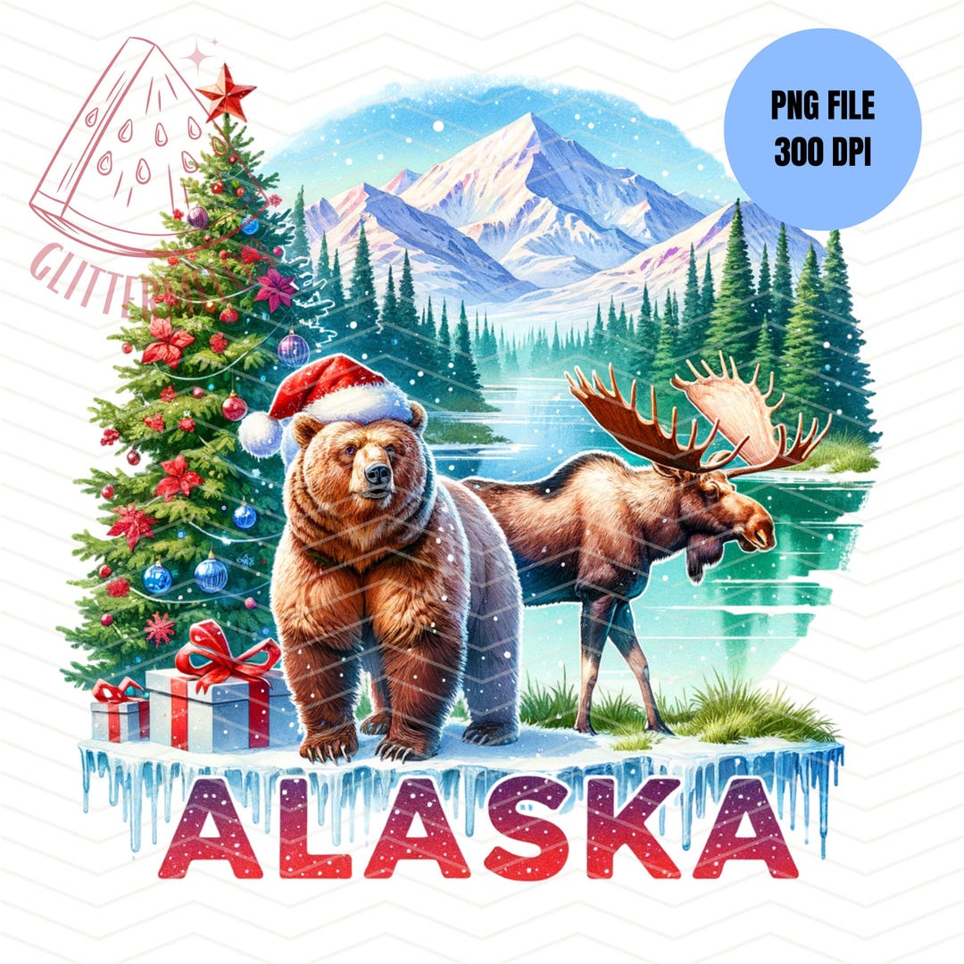 Christmas in Alaska PNG: Bear, Moose, Tree Sublimation Design (digital ...