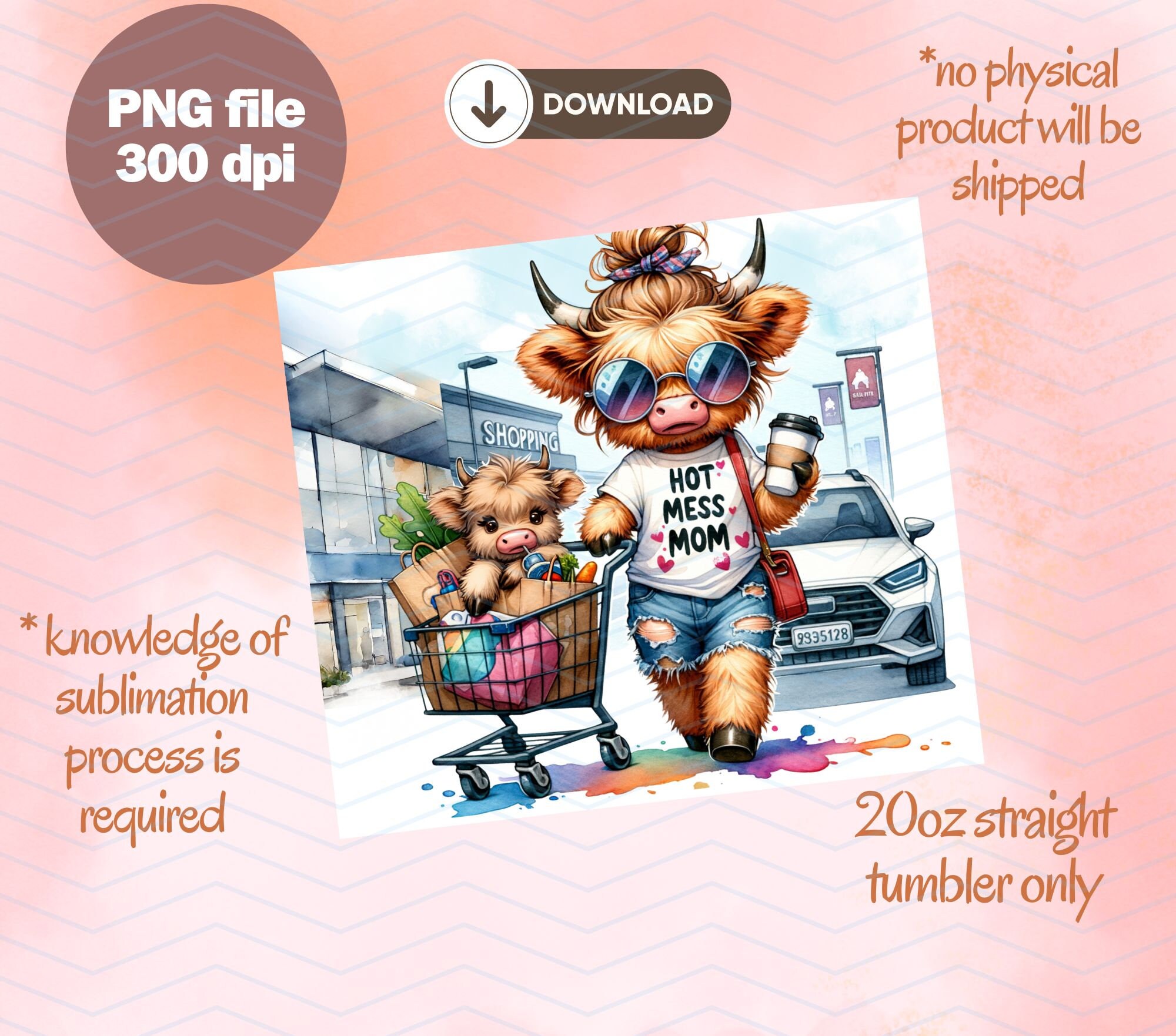 Hot Mess Mom Highland Cow Tumbler Wrap, Funny Mom Gift (PNG Digital ...