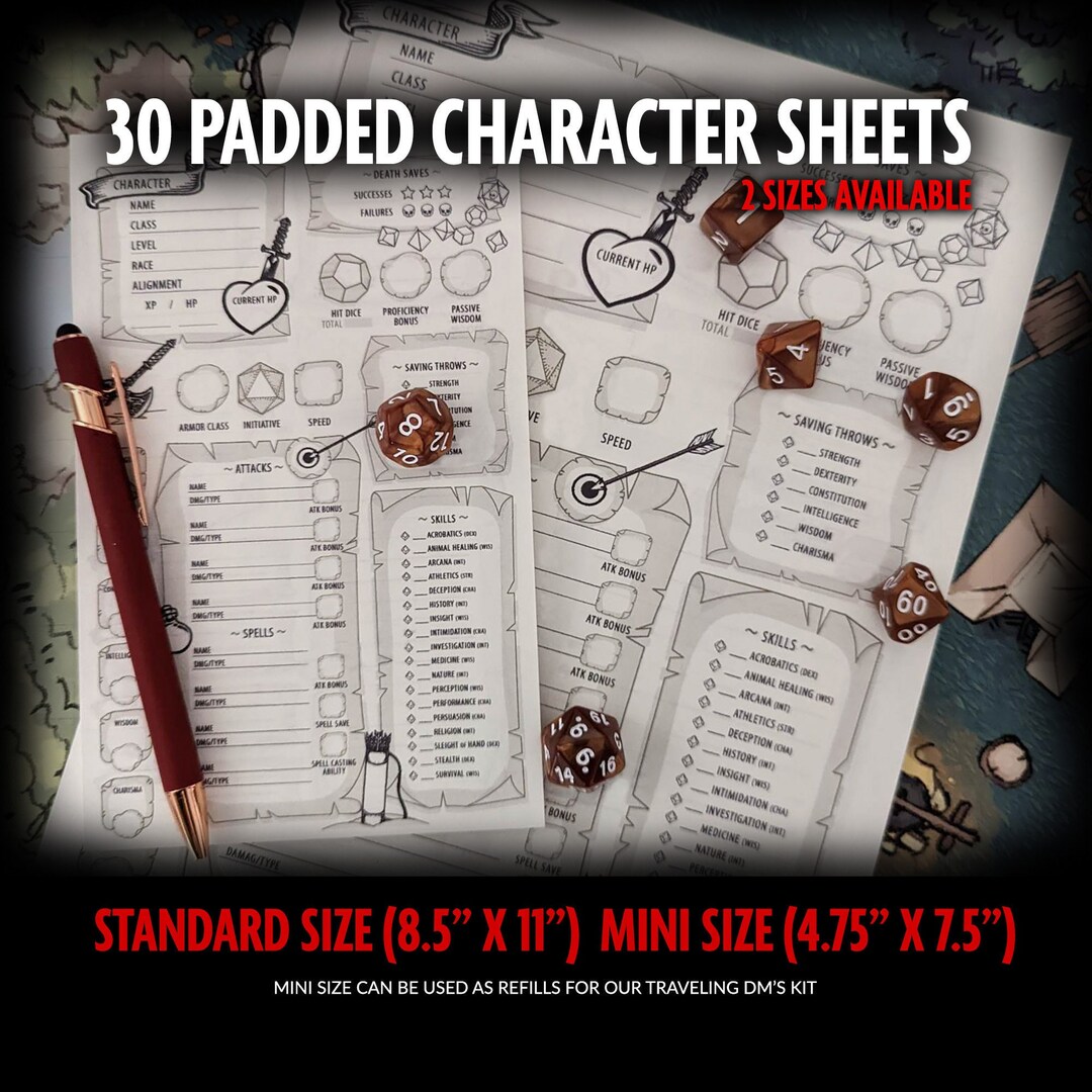 30 Character Sheets Padded - Paper Character Sheets Pack - DND - TT RPG ...