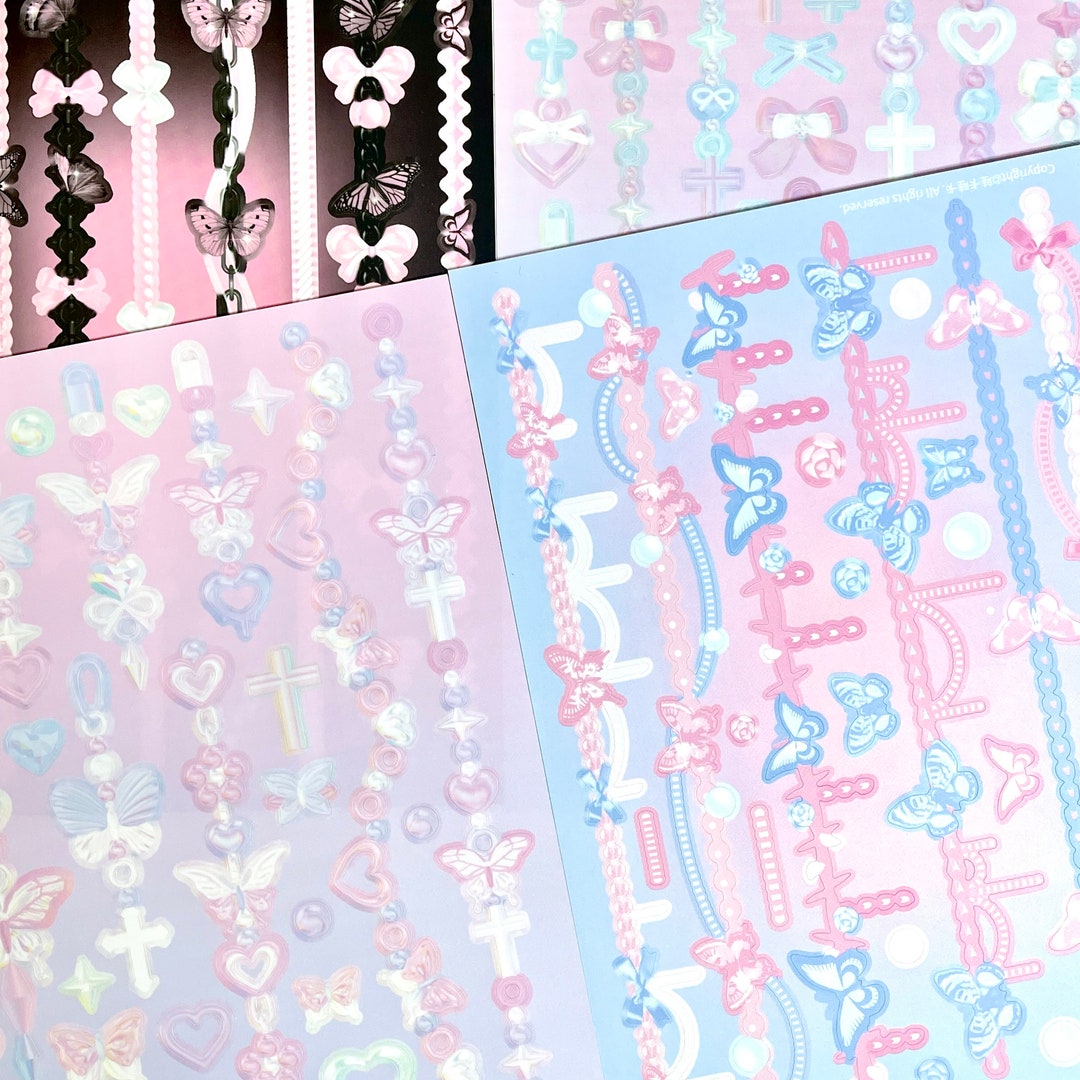 Y2K Pastel Color Butterfly Chain Sticker Sheet, Pearl Chain Stickers ...