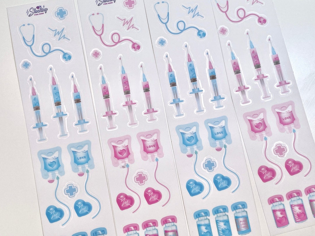 Pastel Syringe Sticker Sheet, Heart Beat Deco Sticker Sheet, IV Bag ...