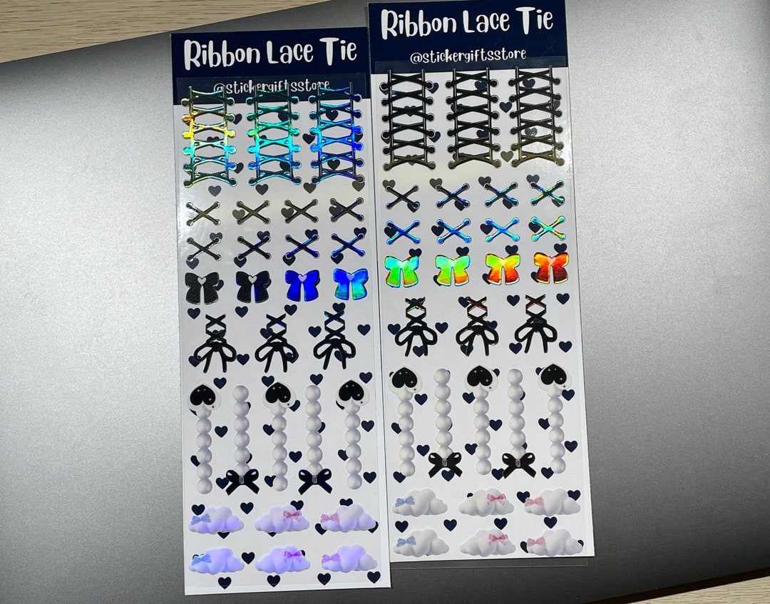 Ribbon Lace Tie Sticker Sheet, Holographic Pearl Chain Stickers, Cute ...