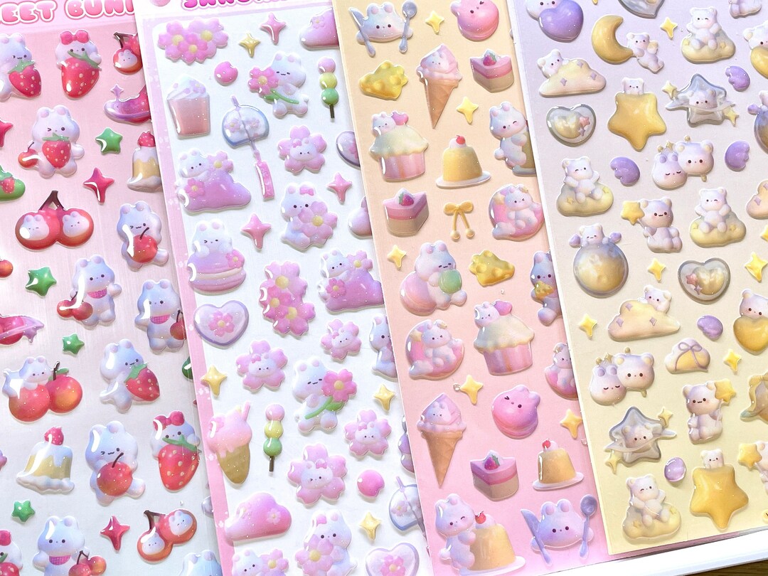 Kawaii Epoxy Sticker Sheet, Rose Flower and Bunny Resin Sticker, Cute ...