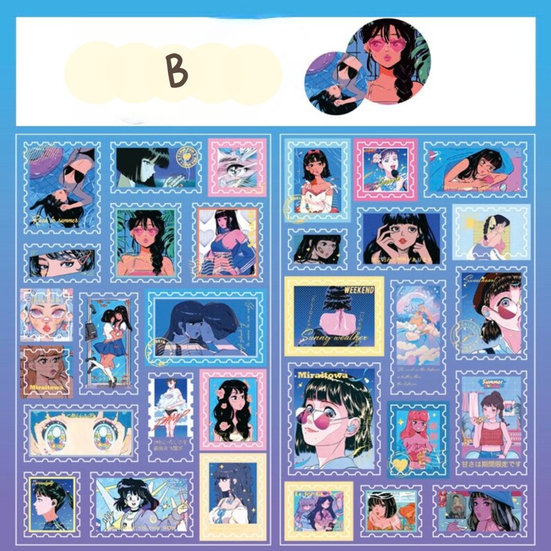 Japanese Comic Girl Stamp Stickers Gold Foil Sticker Sheet - Etsy