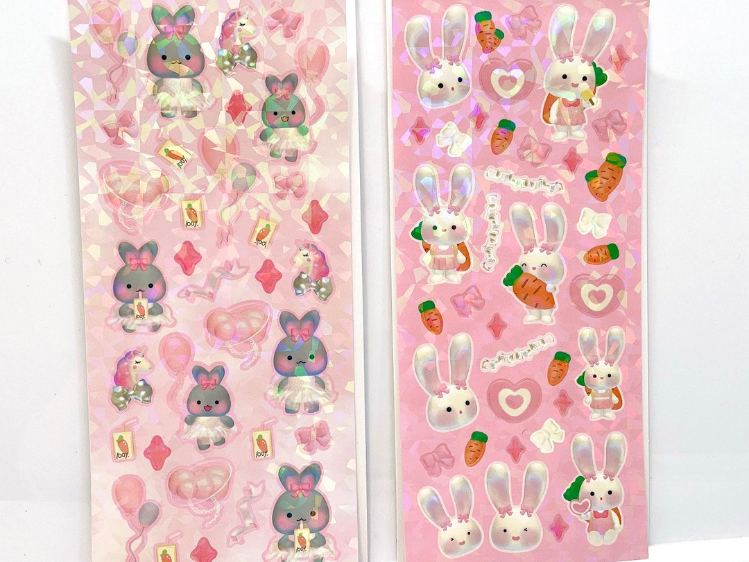 Holographic Baby Rabbit Sticker Sheet, Kawaii Pink Bunny Stickers, Kpop ...