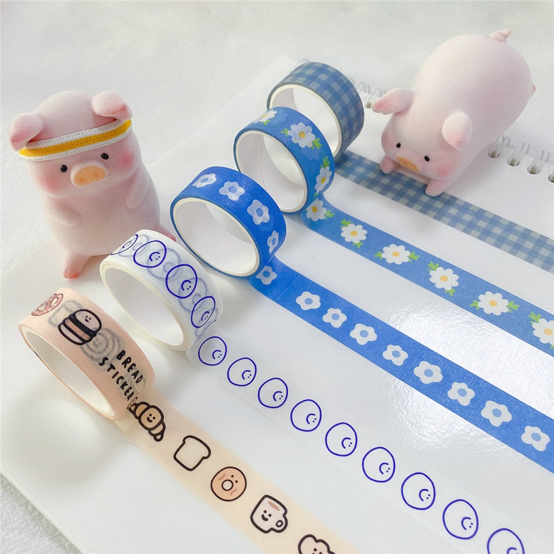 Kawaii Washi Tape, Smiley Face Washi Tape, Blue Flower Washi Tape, Blue ...