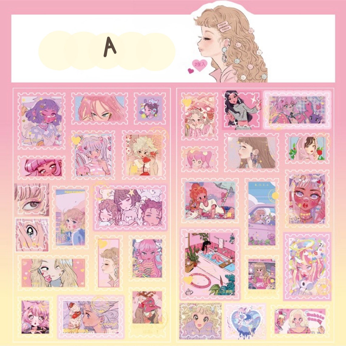 Japanese Comic Girl Stamp Stickers Gold Foil Sticker Sheet - Etsy