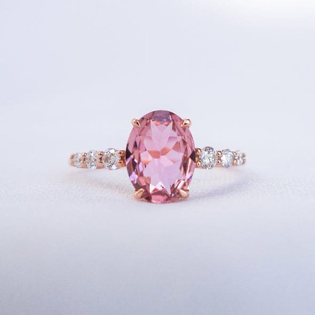 Natural Pink Tourmaline Diamond Ring in 14K Rose Gold Pink - Etsy