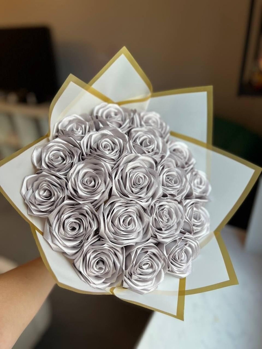 Luxury Satin Gray Roses With Glitter Bouquet – Perfect Handcrafted Gift ...
