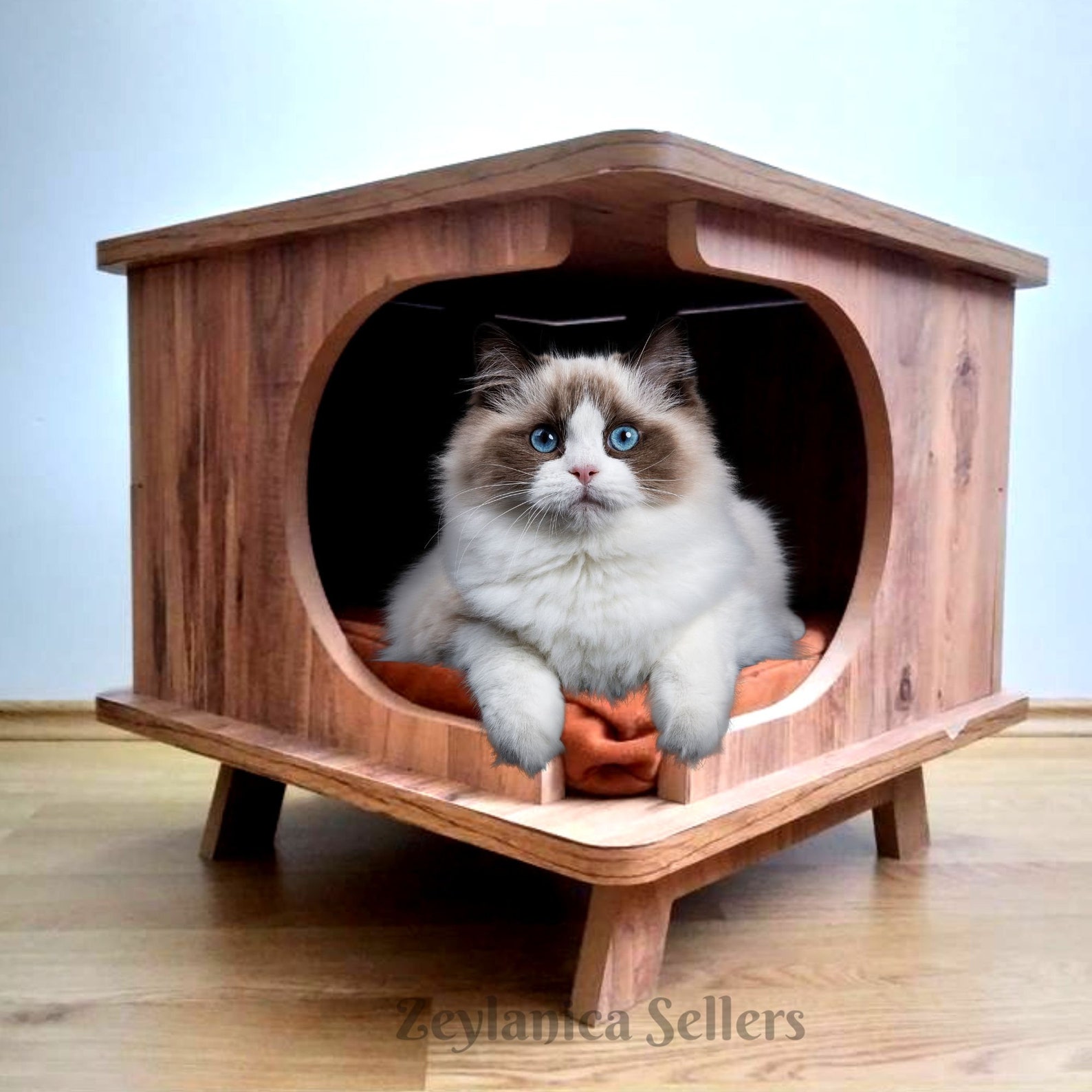 Stylish Plywood Cat House, Handmade Cozy Cat Bed Rustical Box Dark Oak Choose Your Color - Etsy