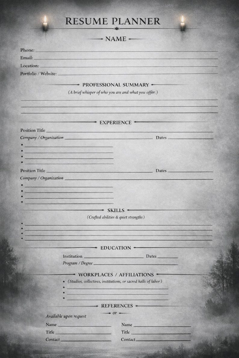 Gothic Resume Planner | Dark Academia Job Search Organizer (PDF ...
