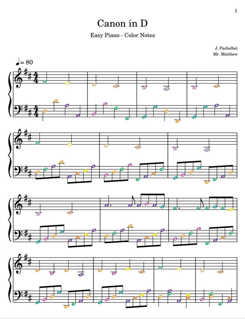 Canon in D Easy Piano - Color Notes - Etsy