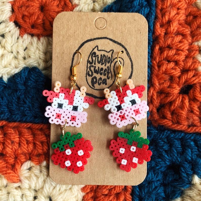 Fruity Cow Earrings Perler Beads Lemon Strawberry Summer - Etsy